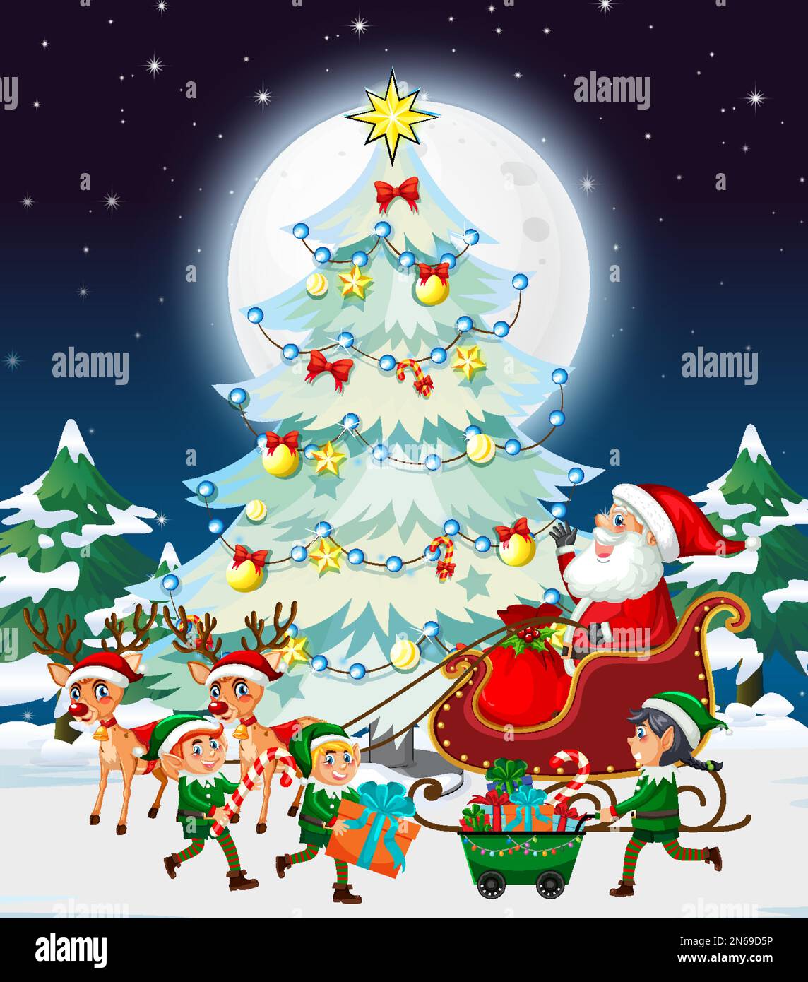 Christmas night with Santa Claus on sleigh illustration Stock Vector ...