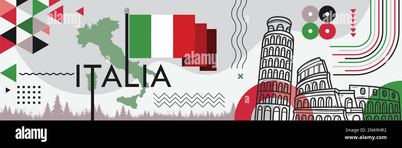 Italia national day banner design. Italian flag and map theme with Italy Rome landmark ...