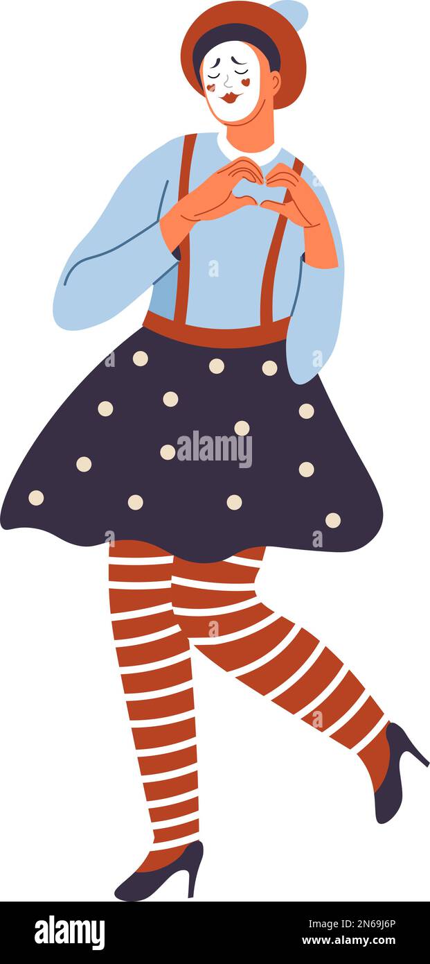 Mime performance, isolated female personage wearing skirt and beret ... Mime performance, isolated female personage wearing skirt and beret ...