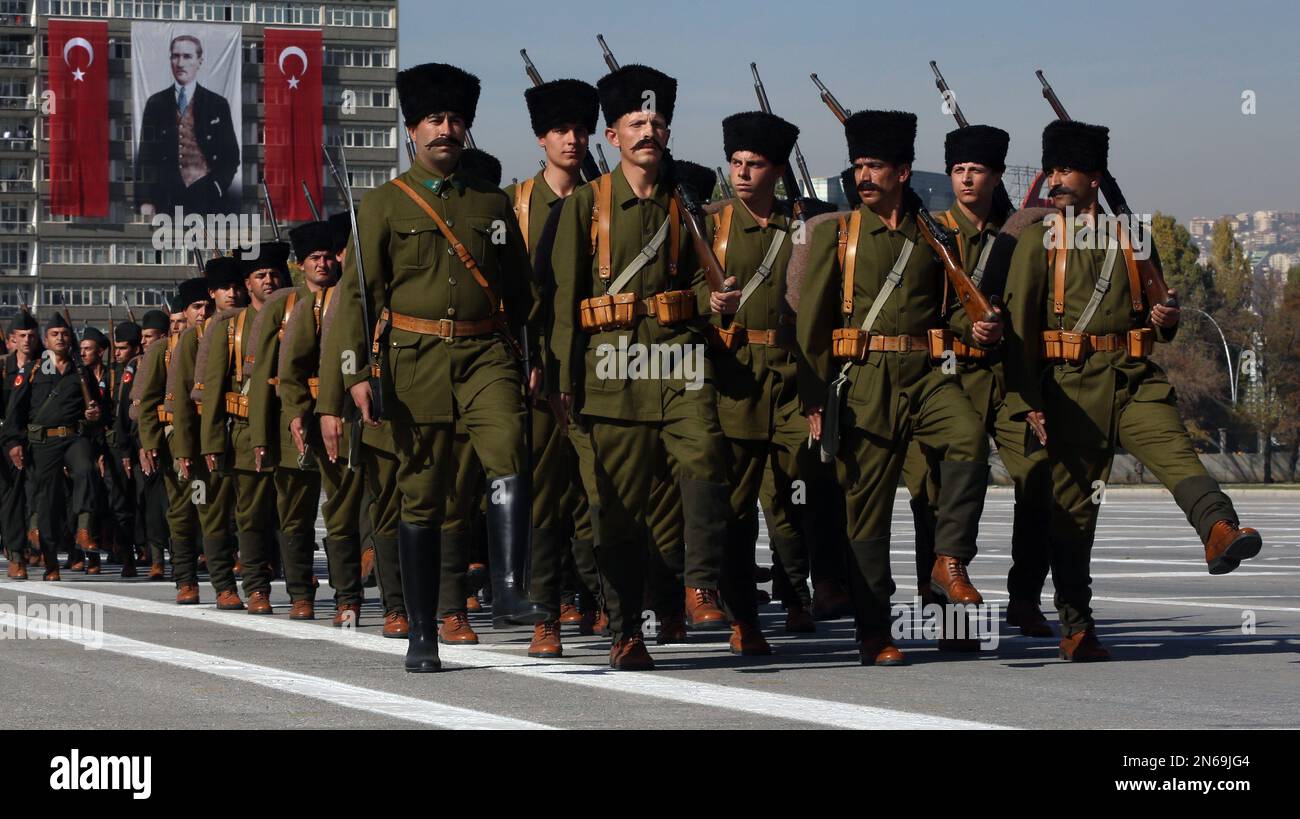 Turkish soldiers dressed in old style uniforms like the ones worn ...