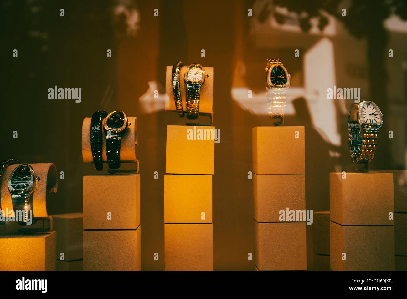 Showcase of a luxury storefront with men's watches. Expensive ...