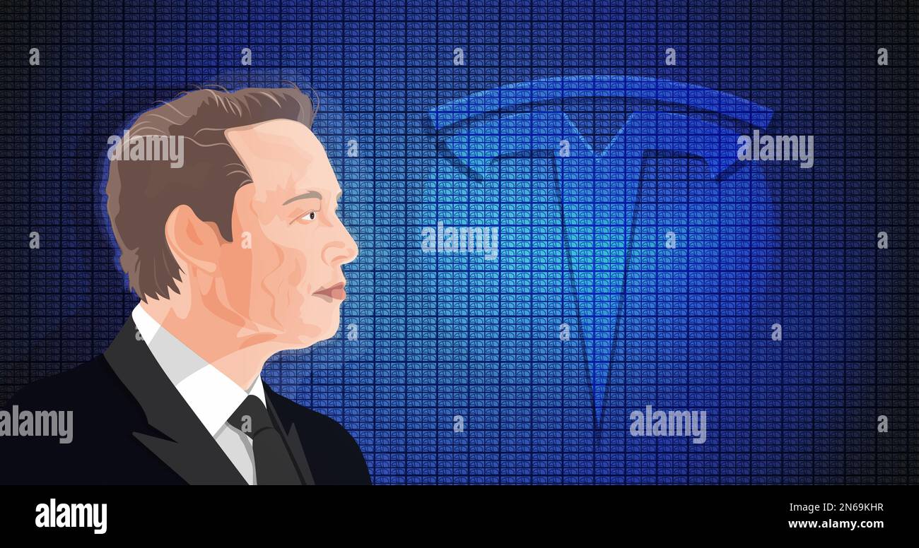Portrait of businessman Elon Musk, Tesla company logo on a blue ...