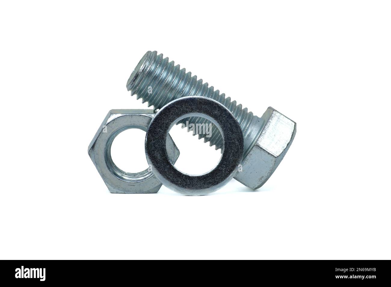 Male screw and hexagon nut, flat nut washer coated with a protective ...