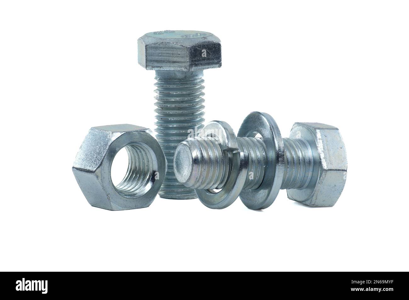 Male screw and hexagon nut, flat nut washer and spring washer coated ...