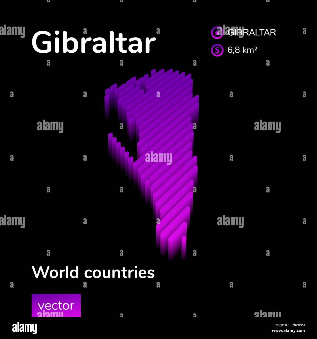 Gibraltar 3D map. Stylized neon simple digital isometric striped vector ...