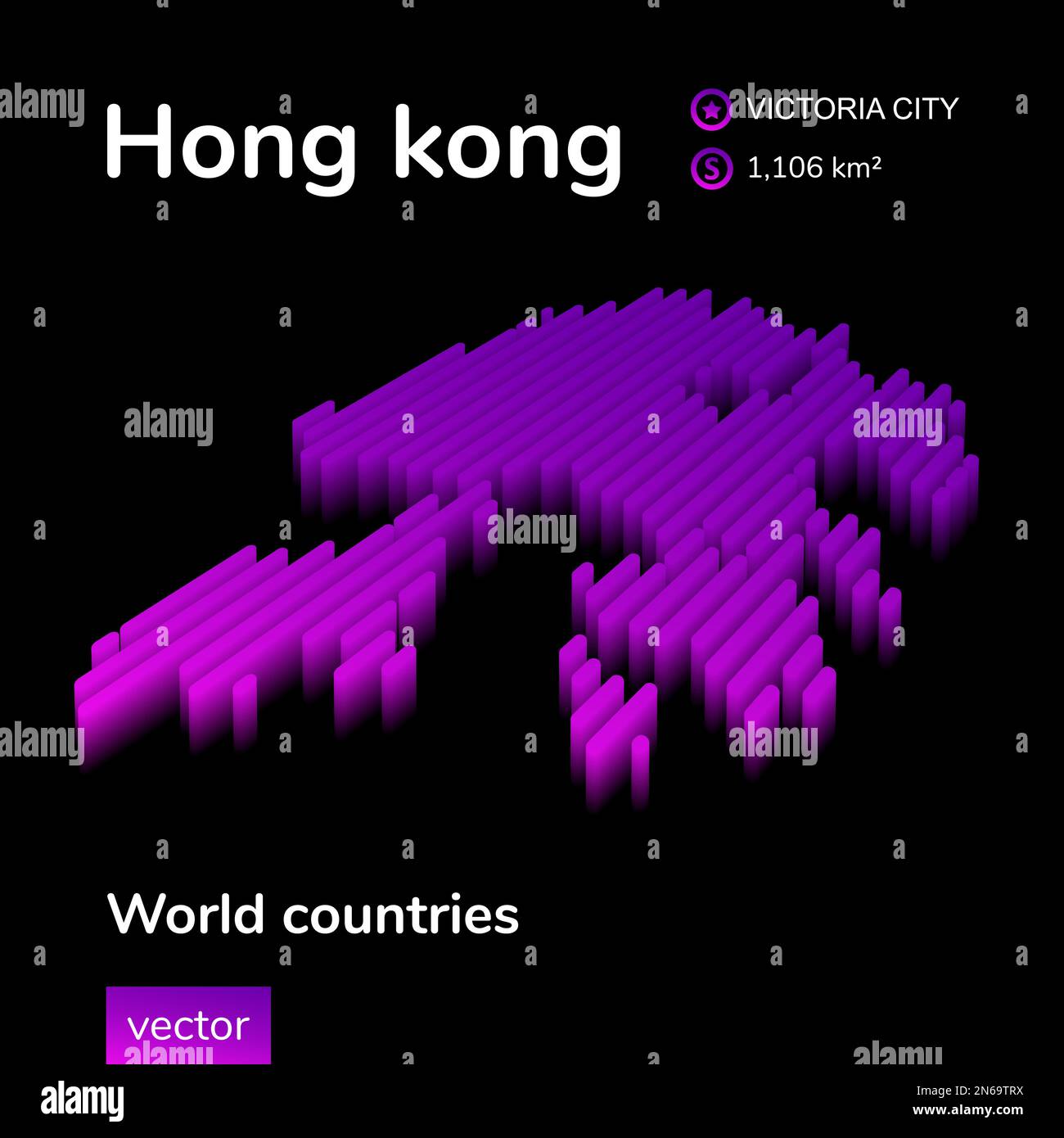 Hong Kong 3D map. Stylized isometric neon vector in violet colors on ...