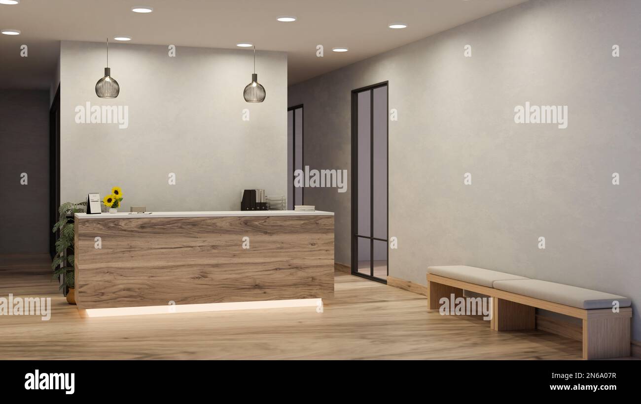 Interior design of a modern contemporary lobby area with reception ...