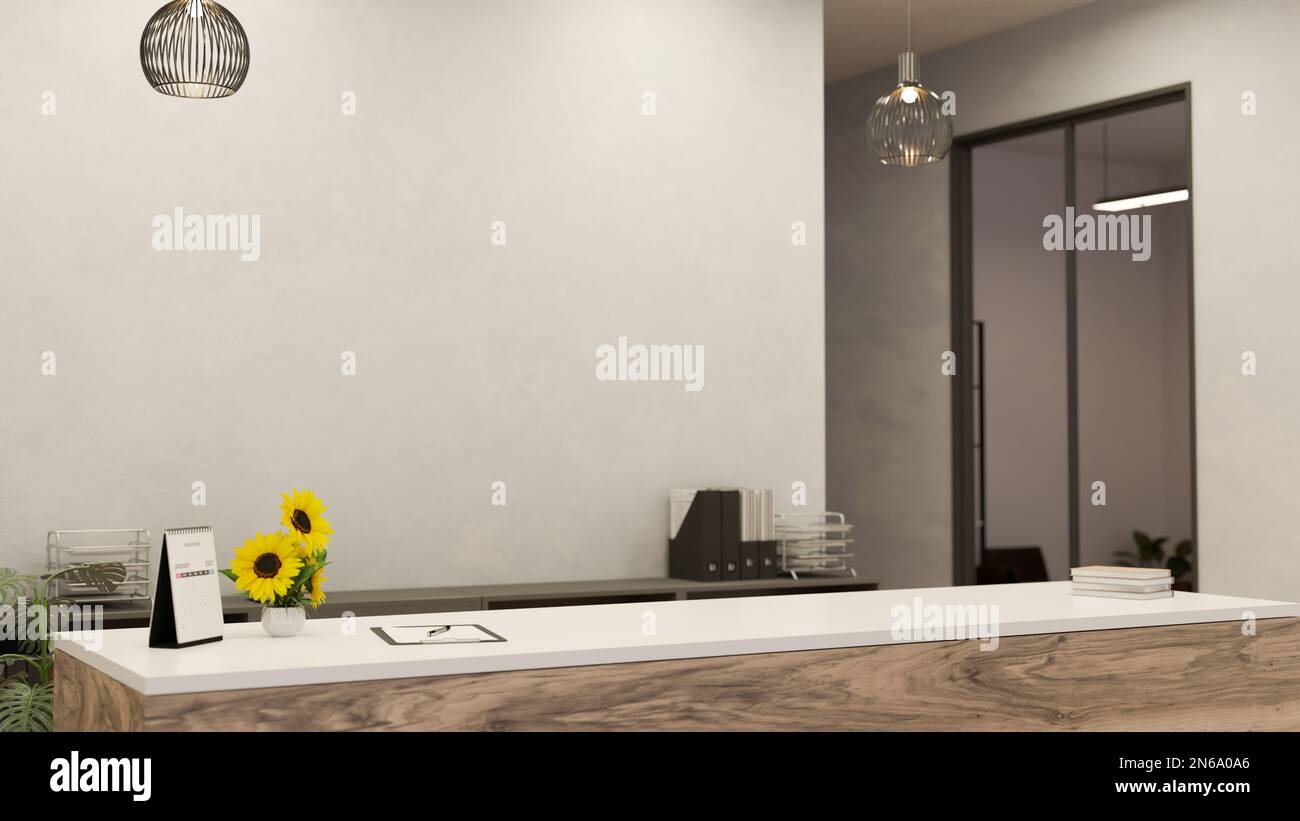 Interior design of a modern company reception or front desk area with ...