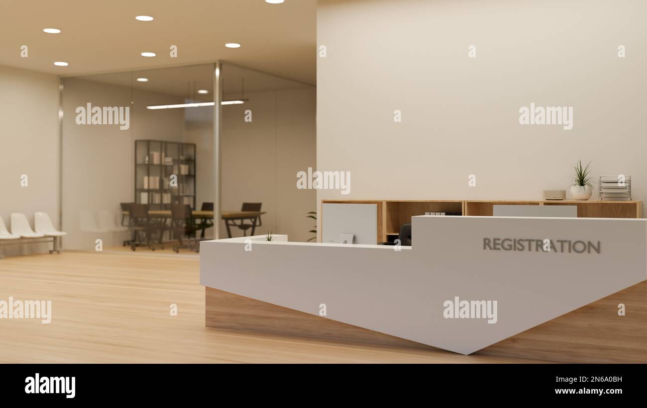 Modern contemporary company entrance interior design in white and wood ...