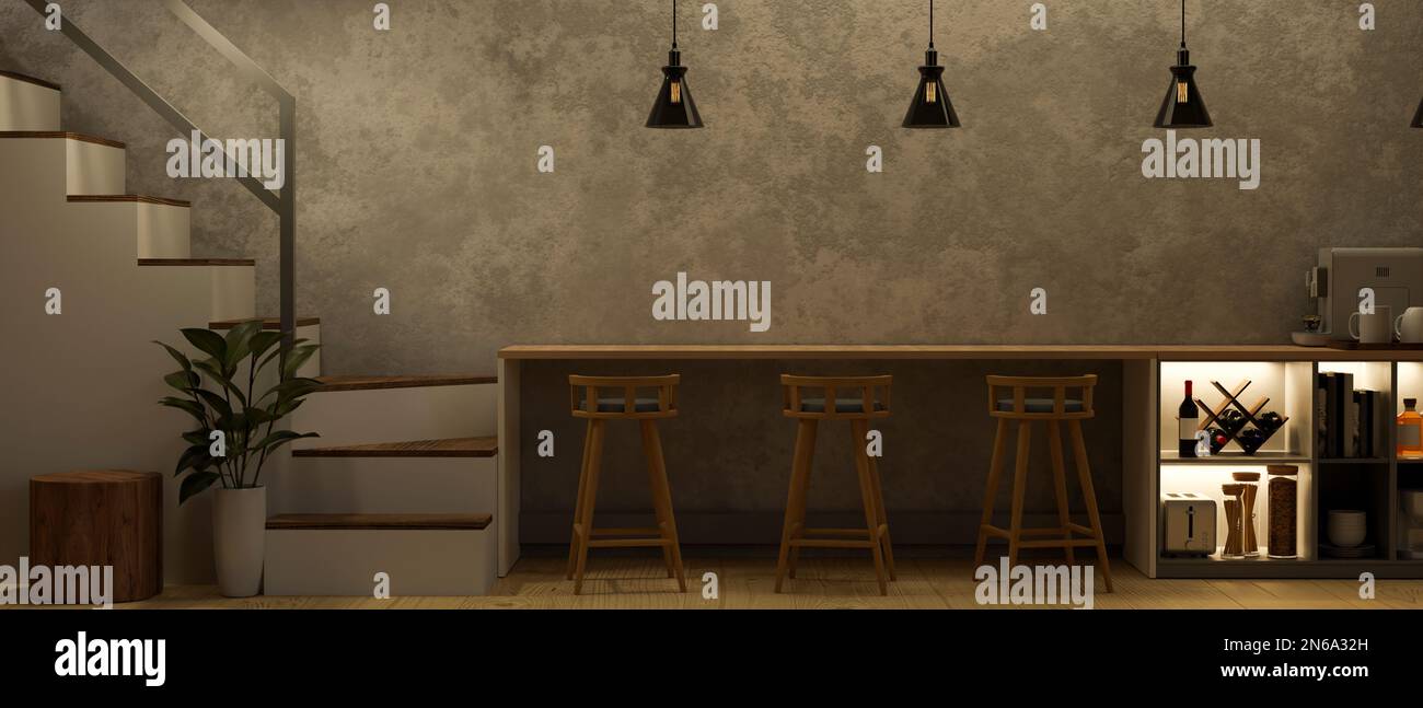 Modern loft home lounge interior design by the stairs with copy space ...