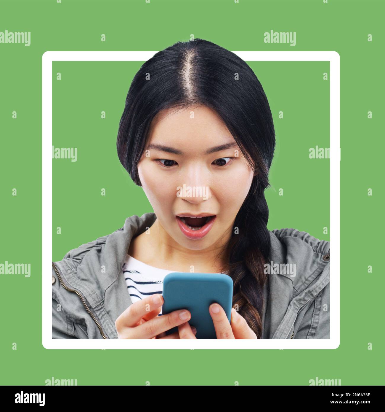 Asian woman, wow and phone with frame border with green background ...