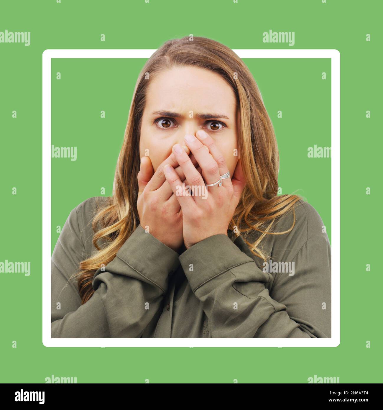 Portrait, surprise and woman with graphic frame in a studio feeling ...