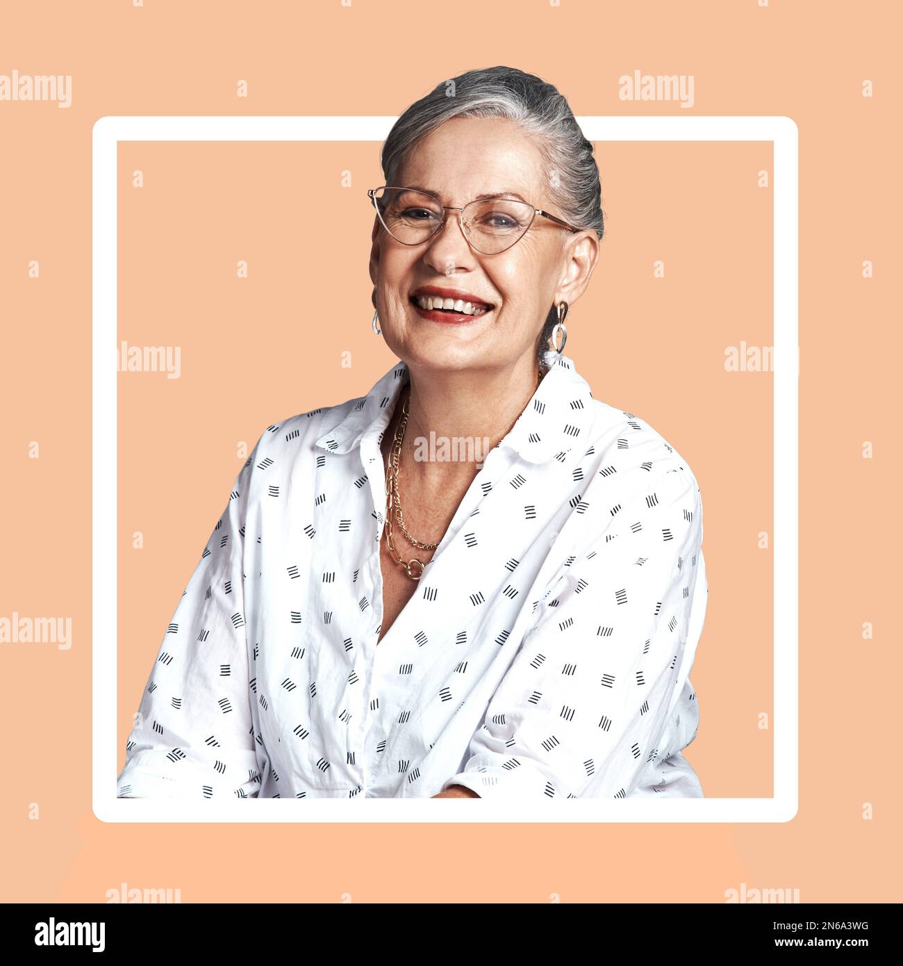 Senior woman, portrait and frame graphic of a elderly person with a ...