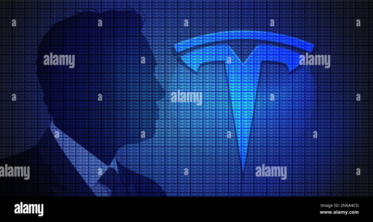 Profile of businessman Elon Musk, Tesla logo on a blue background Stock ...