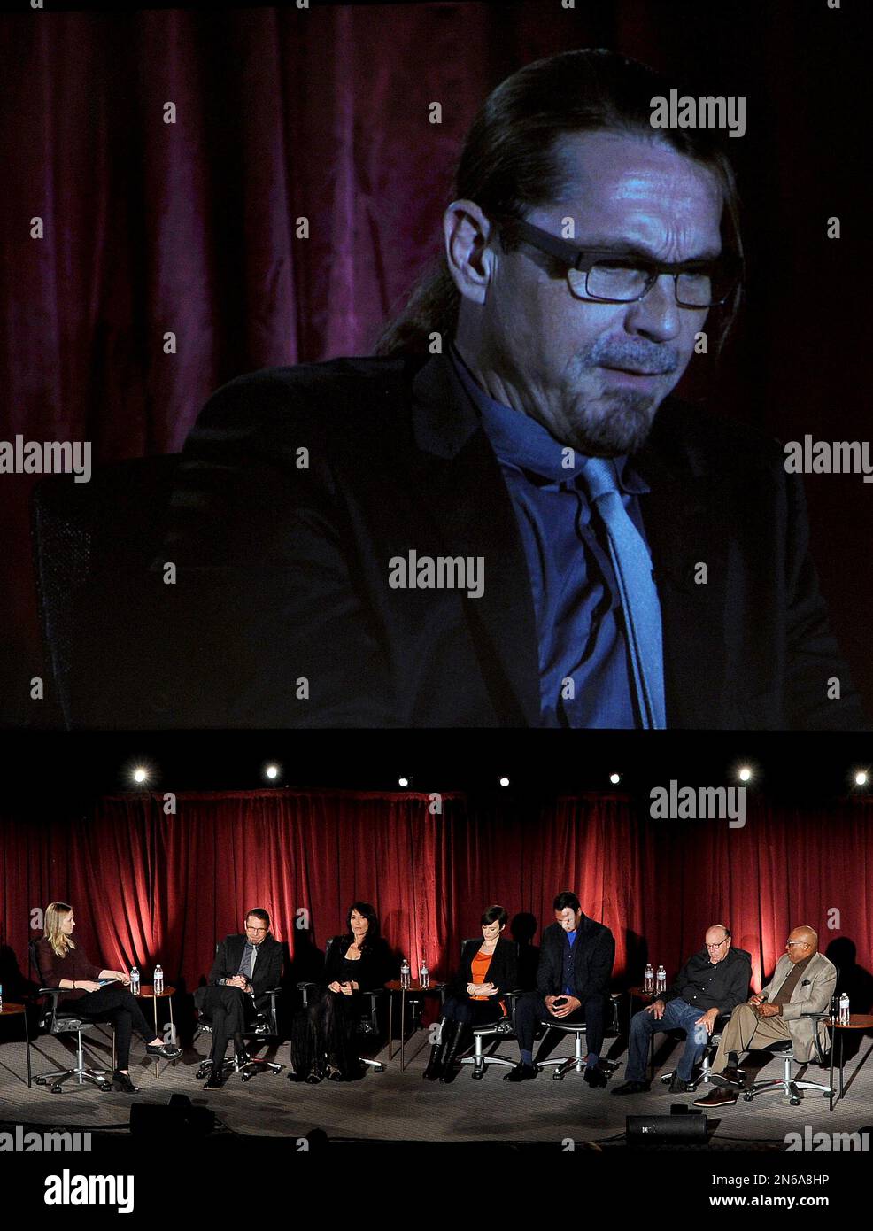 From left, moderator Meg Master, creator/executive producer Kurt Sutter, actors Katey Sagal ...