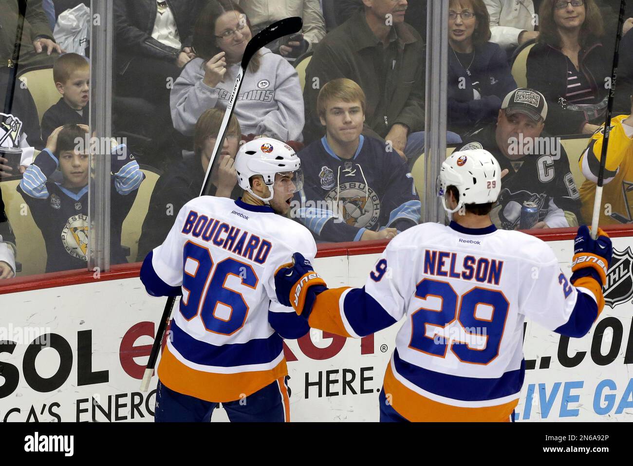 New York Islanders' Pierre-Marc Bouchard (96) celebrates his goal in ...