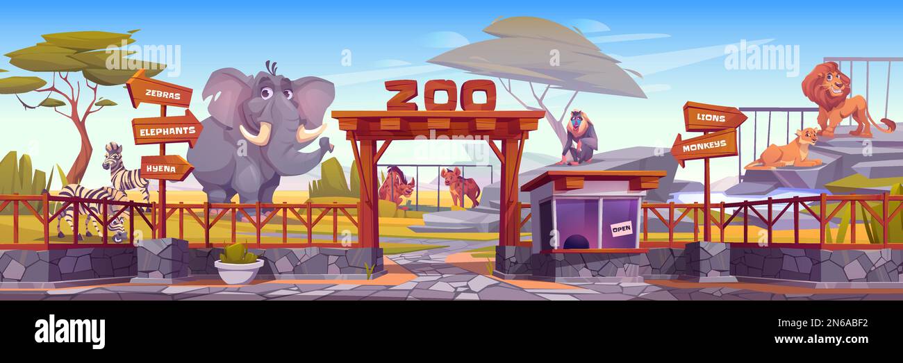 Zoo entrance gate and exotic African animals. Vector cartoon ...