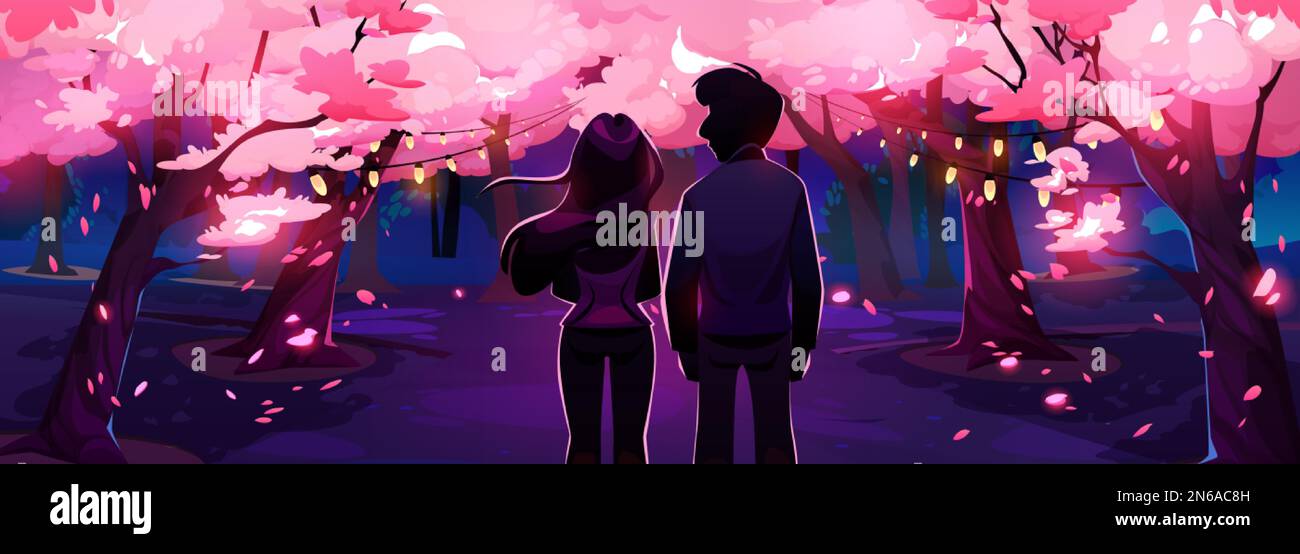 Love couple near cherry tree cartoon vector. Spring Japan landscape ...