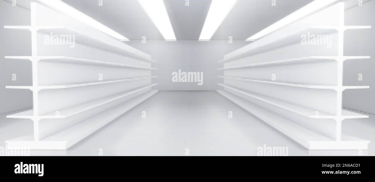 Realistic supermarket interior mockup with white shelves. Vector ...