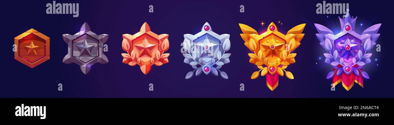 Fantasy hexagon frames of game avatars. Ranking wooden, stone, bronze ...