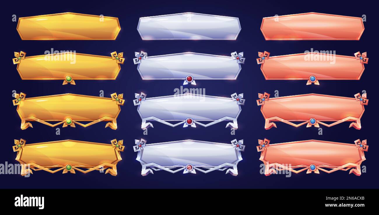 Medieval buttons, ui game menu elements, gold metal oblong banners and ...