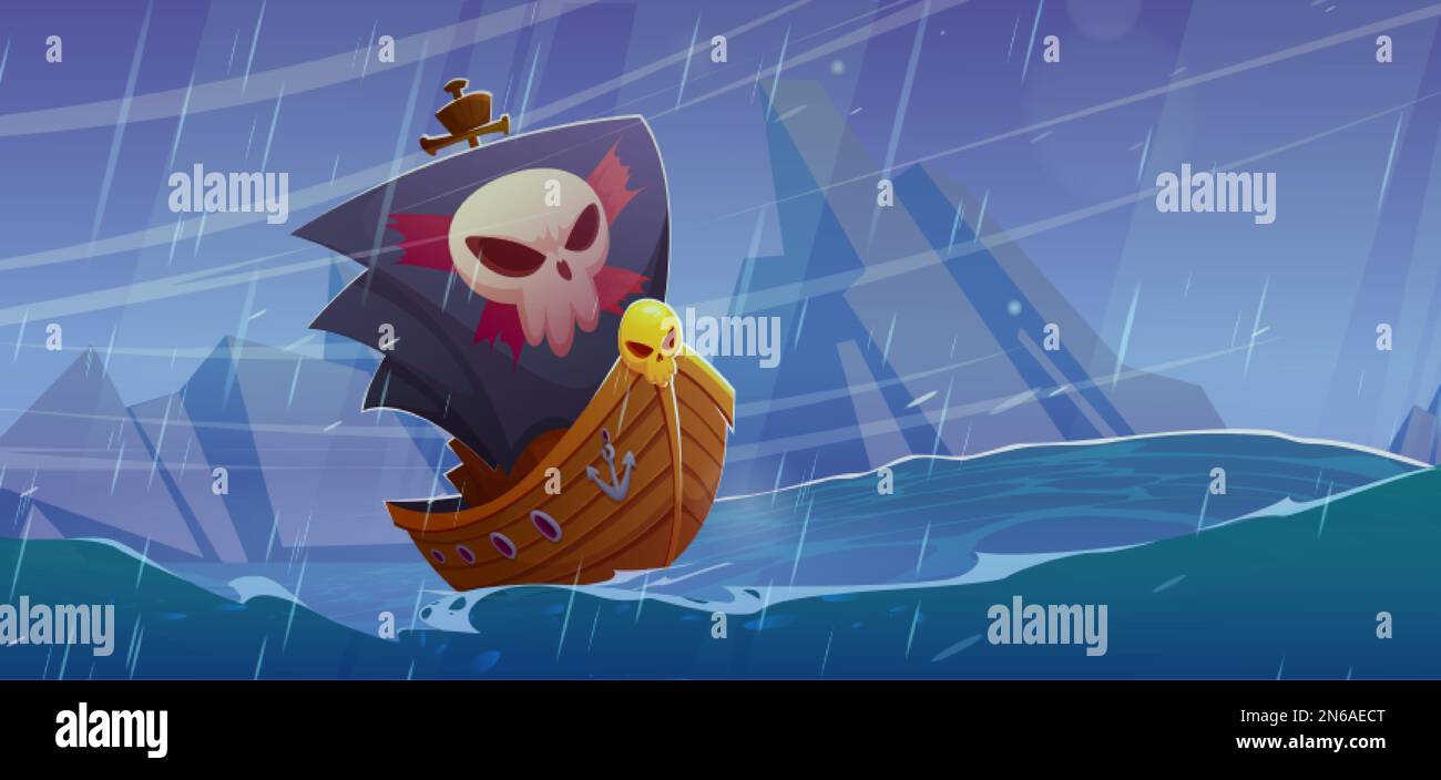 Cartoon vector background illustration with ship with black sail in ...