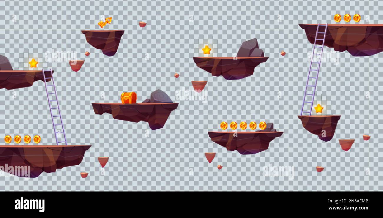 Flying rock islands vector game landscape isolated elements. Cartoon ...
