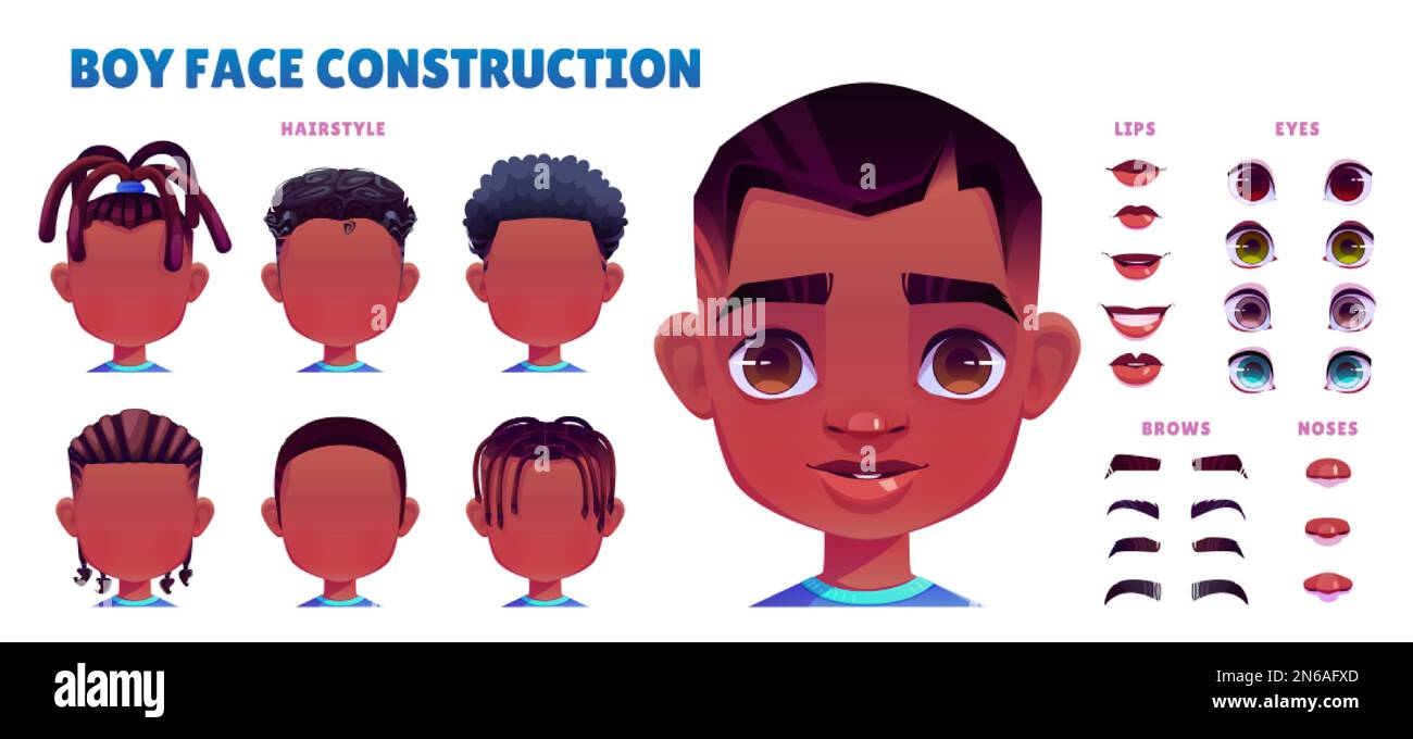 Cartoon vector boy character face creation set. Child animation kit ...