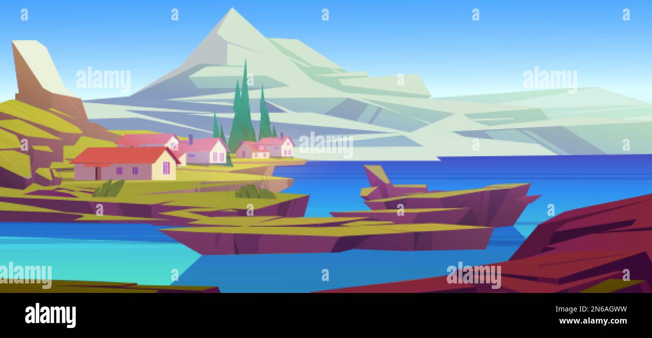 Vector background illustration of village landscape with house near ...