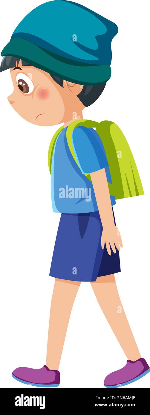 Side view of boy walking with scowl face expression illustration Stock ...