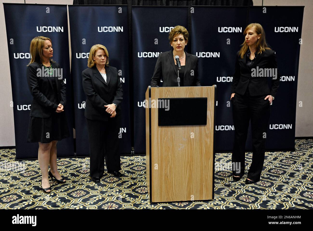 University of Connecticut President Susan Herbst, at podium, speaks to ...