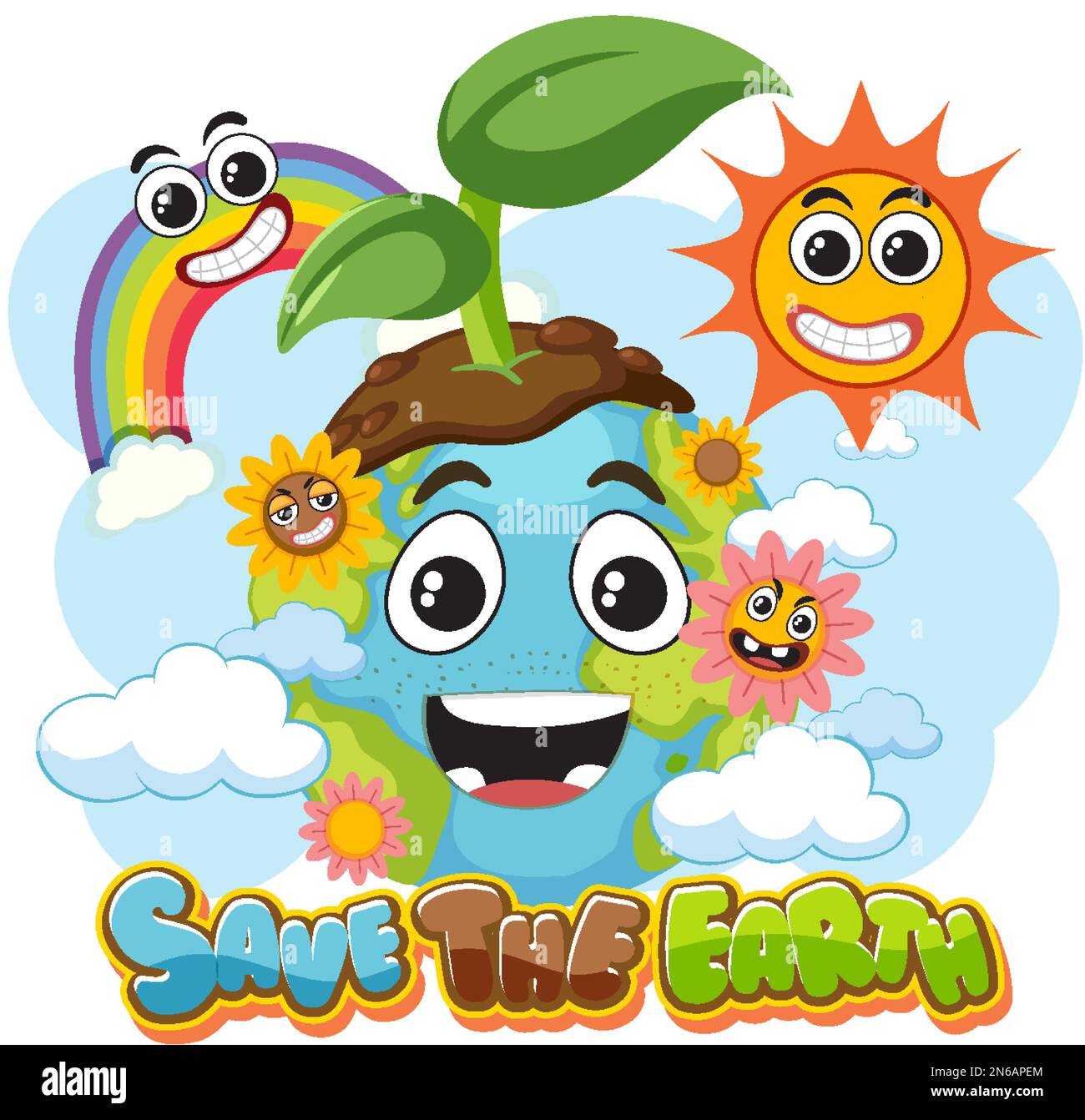 Save the earth text with a happy earth character illustration Stock ...