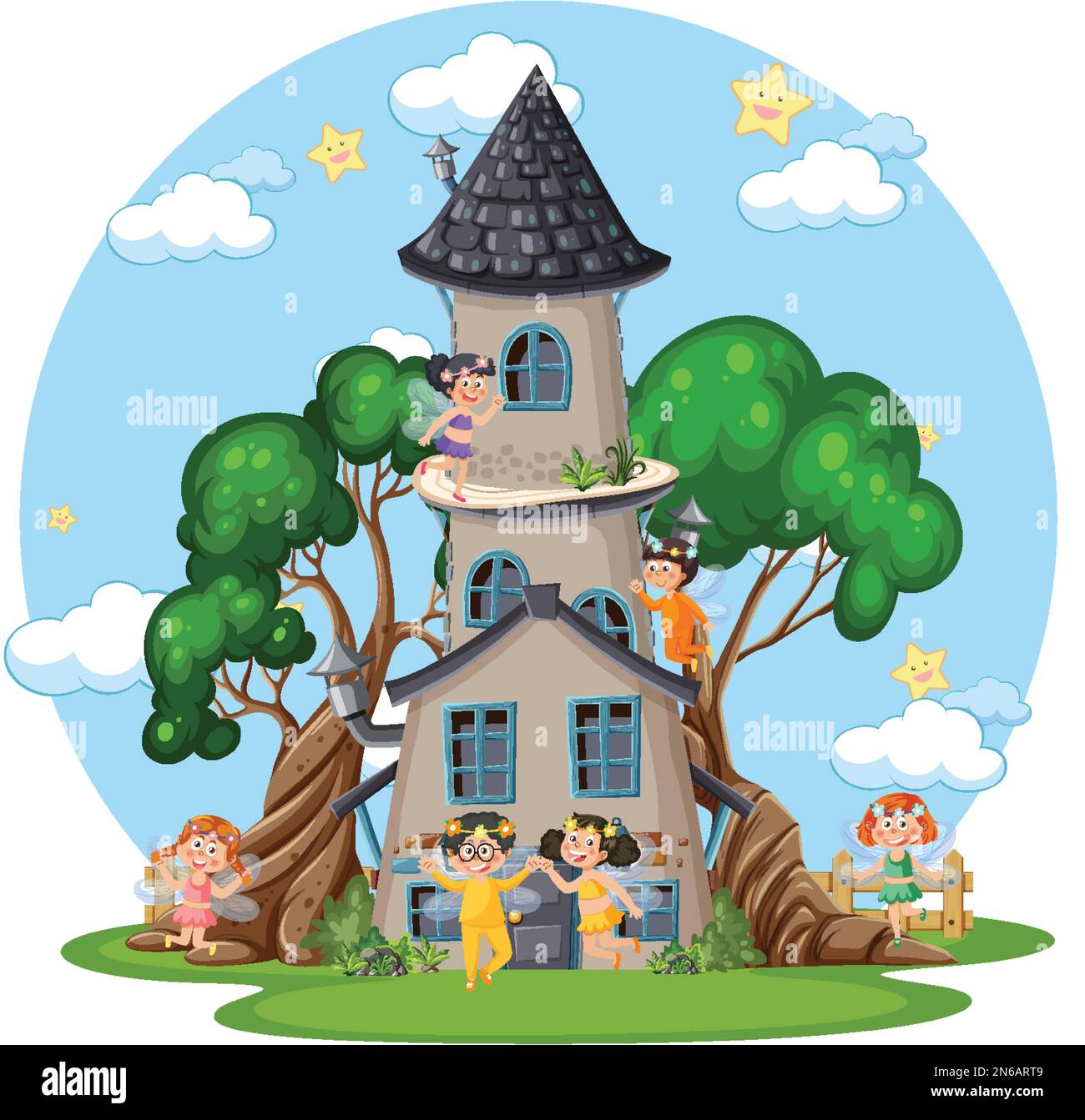 Fairytale tower decorated with tree illustration Stock Vector Image ...