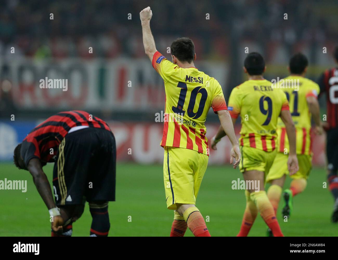 Barcelona's Lionel Messi celebrates after scoring a goal during a ...