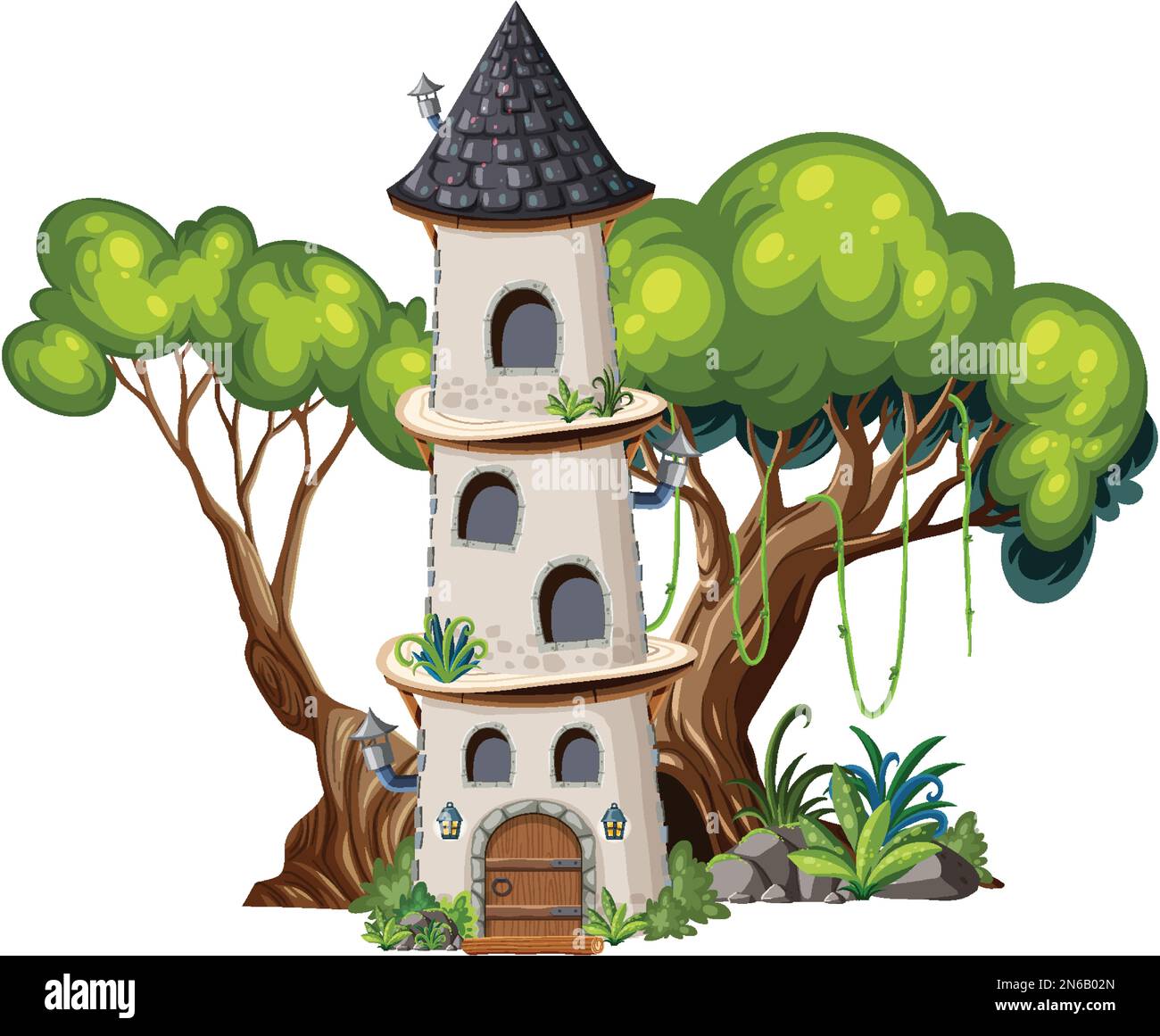 Fairytale tower decorated with tree illustration Stock Vector Image ...