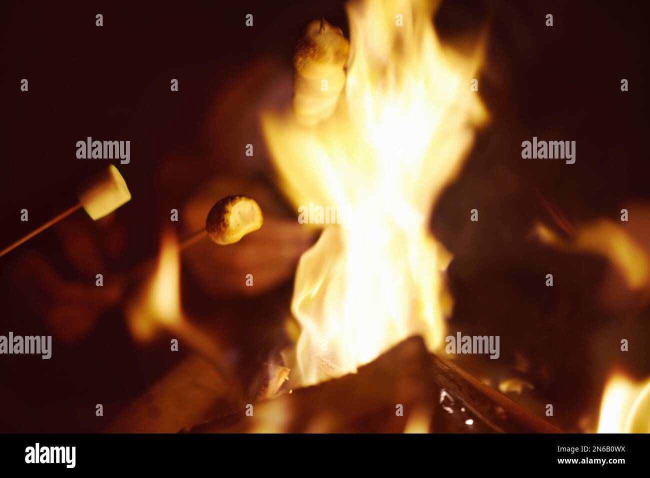 Campfire snacks. Cropped view of marshmallows roasted on an open fire ...