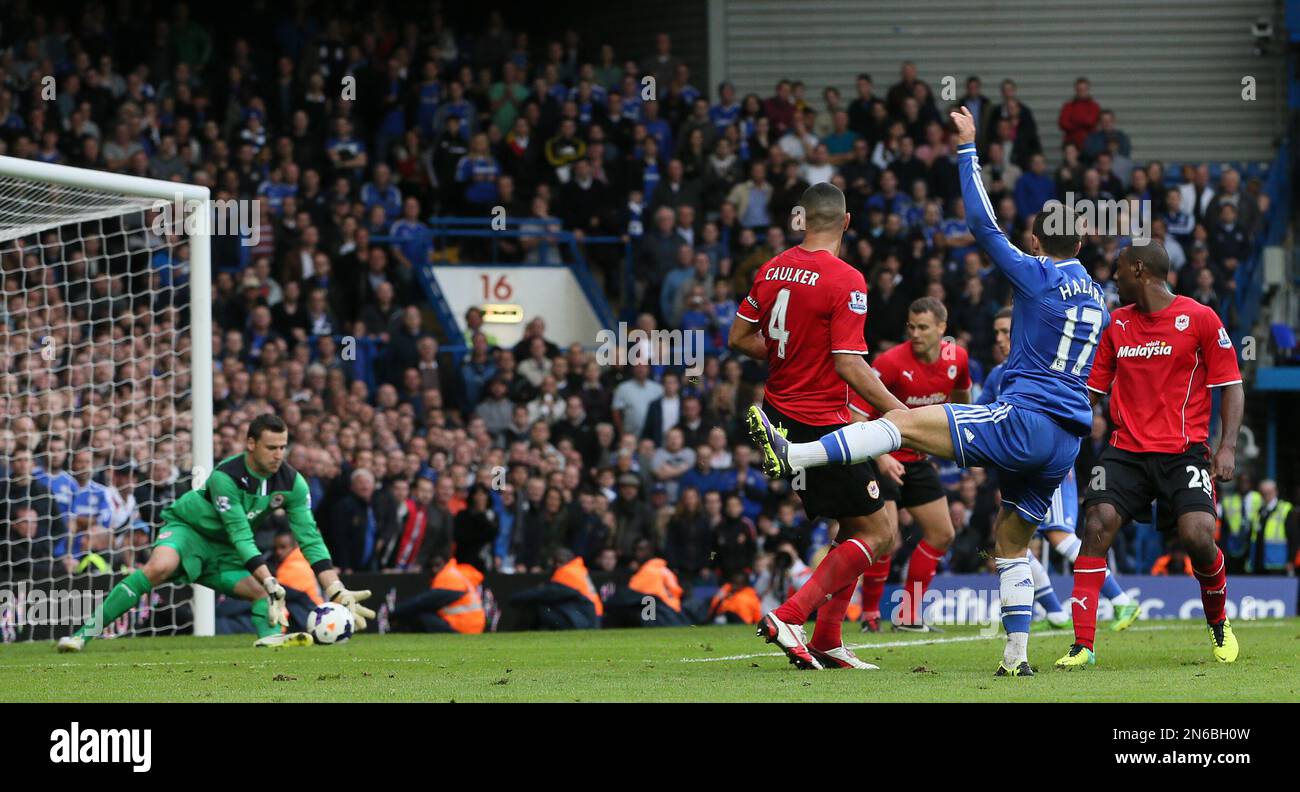 Chelsea's Eden Hazard, second right, shoots and scores as Cardiff's ...