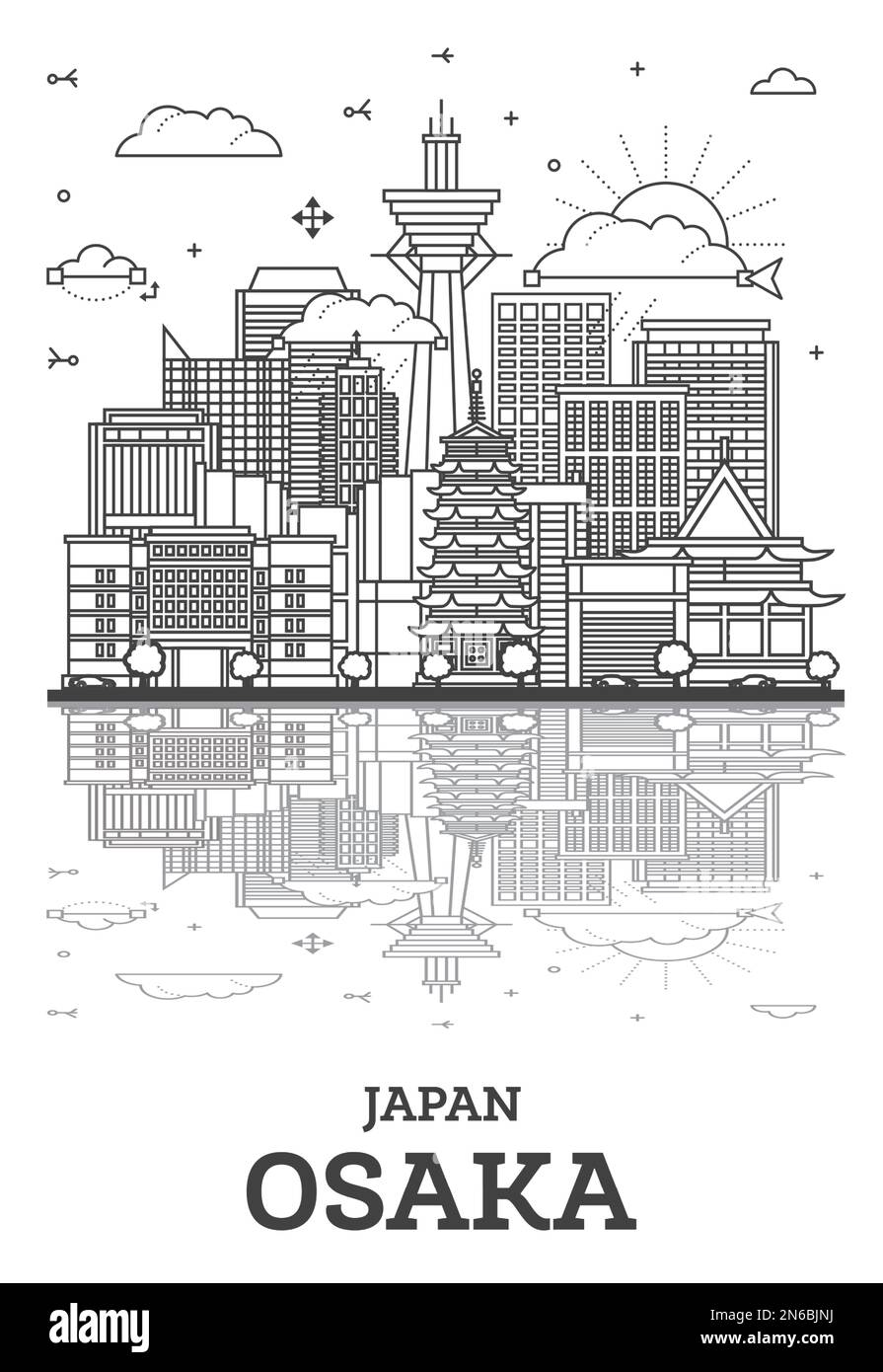 Outline Osaka Japan City Skyline with Modern Buildings and Reflections ...