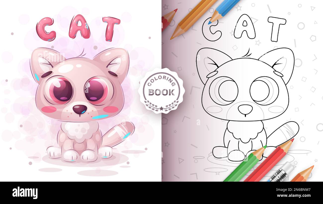 Coloring book cartoon character adorable cat, pretty animal idea for ...