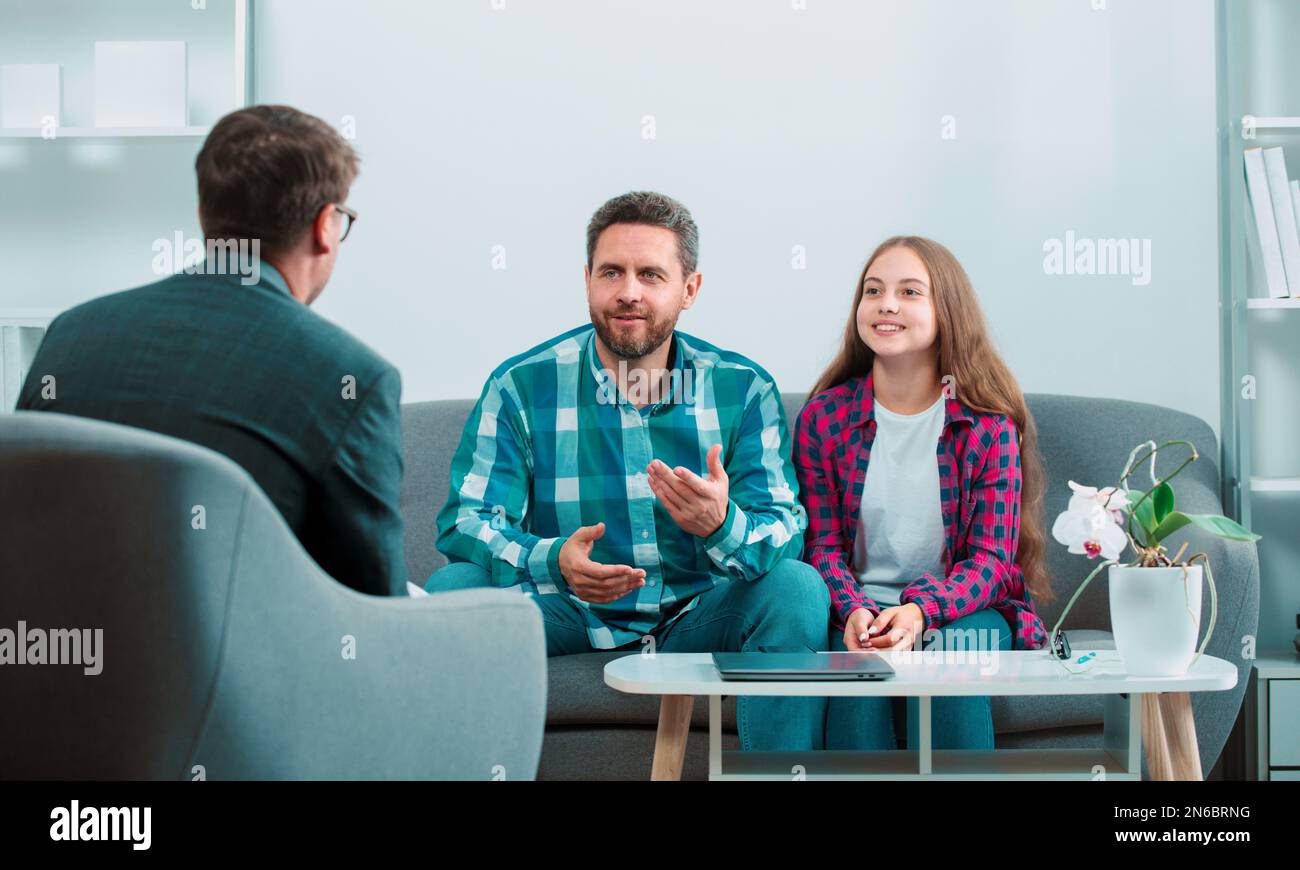 Parenting conflicts, kids crisis. Psychology, mental family therapy, psychologist with father ...