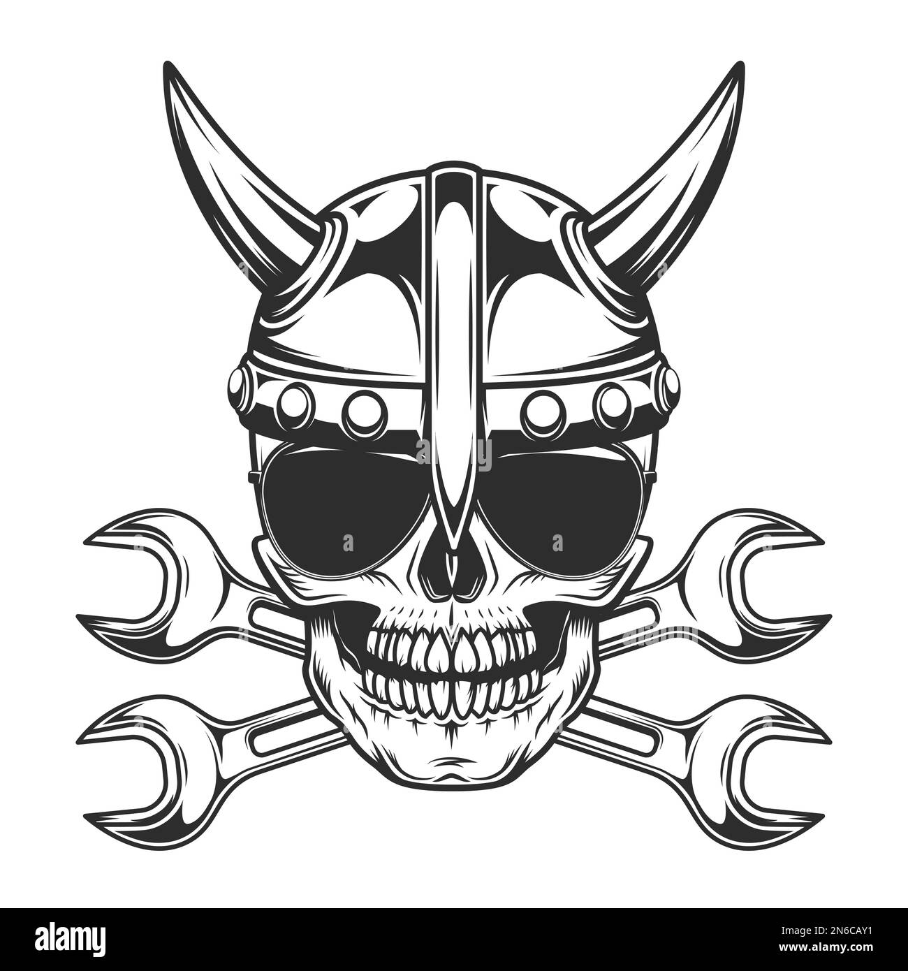 Viking skull in horned helmet and sunglasses with body shop service car ...