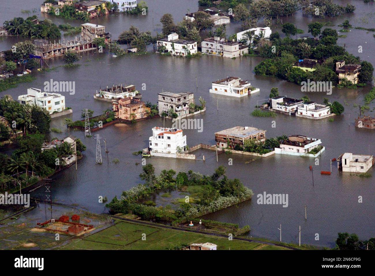 An aerial view shows an area flooded by heavy rains in the aftermath of ...