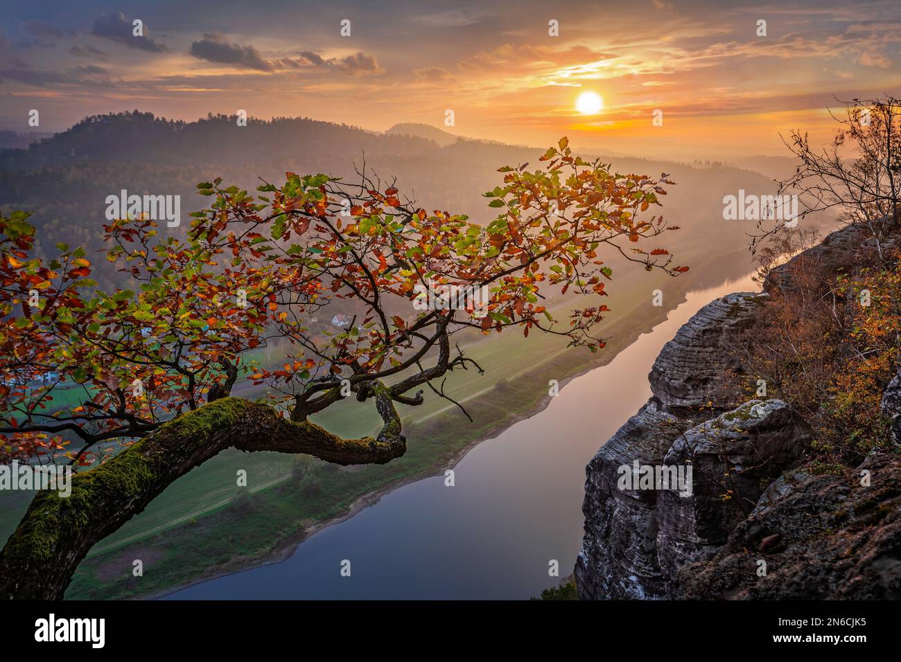 Rathen, Germany - Beautiful autumn sunset scenery at the top of Bastei ...