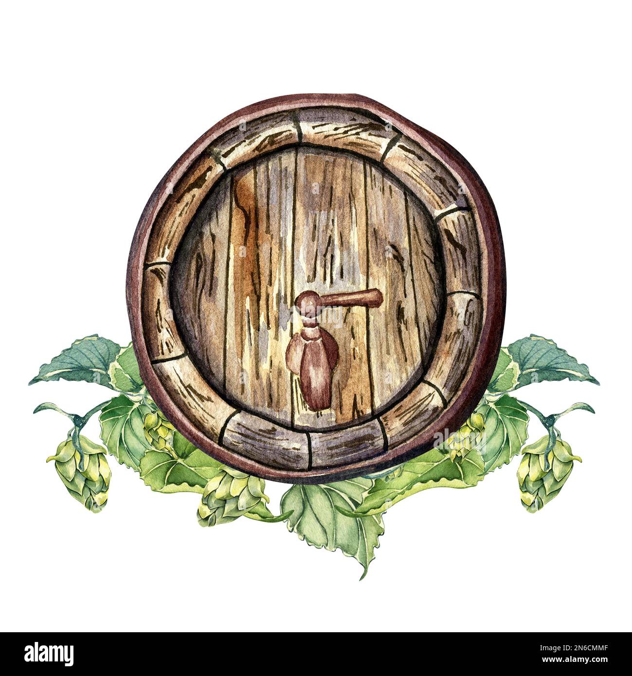 Wooden Beer Barrel And Hop Vine Watercolor Illustration Isolated On