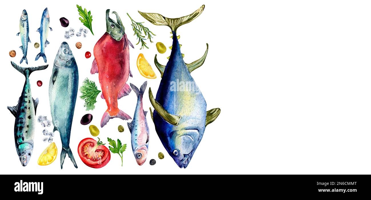 Board of fresh fish and spices watercolor illustration isolated on ...
