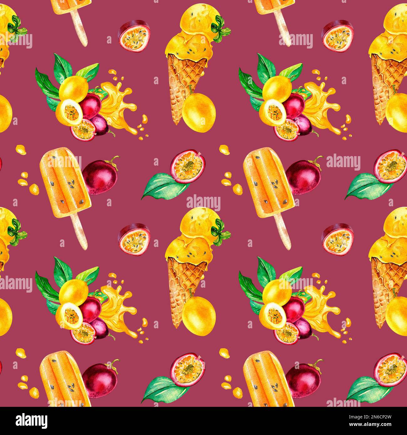Purple, yellow maracuja and ice-cream watercolor seamless pattern ...