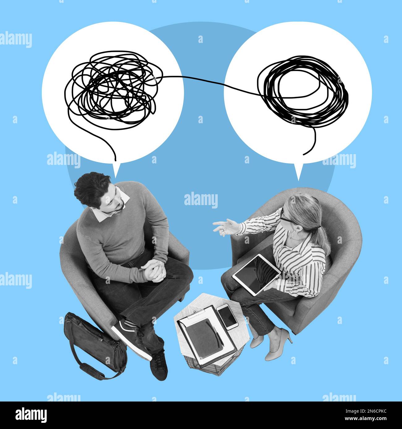 Top view, business and employees with speech bubbles, confusion and ...