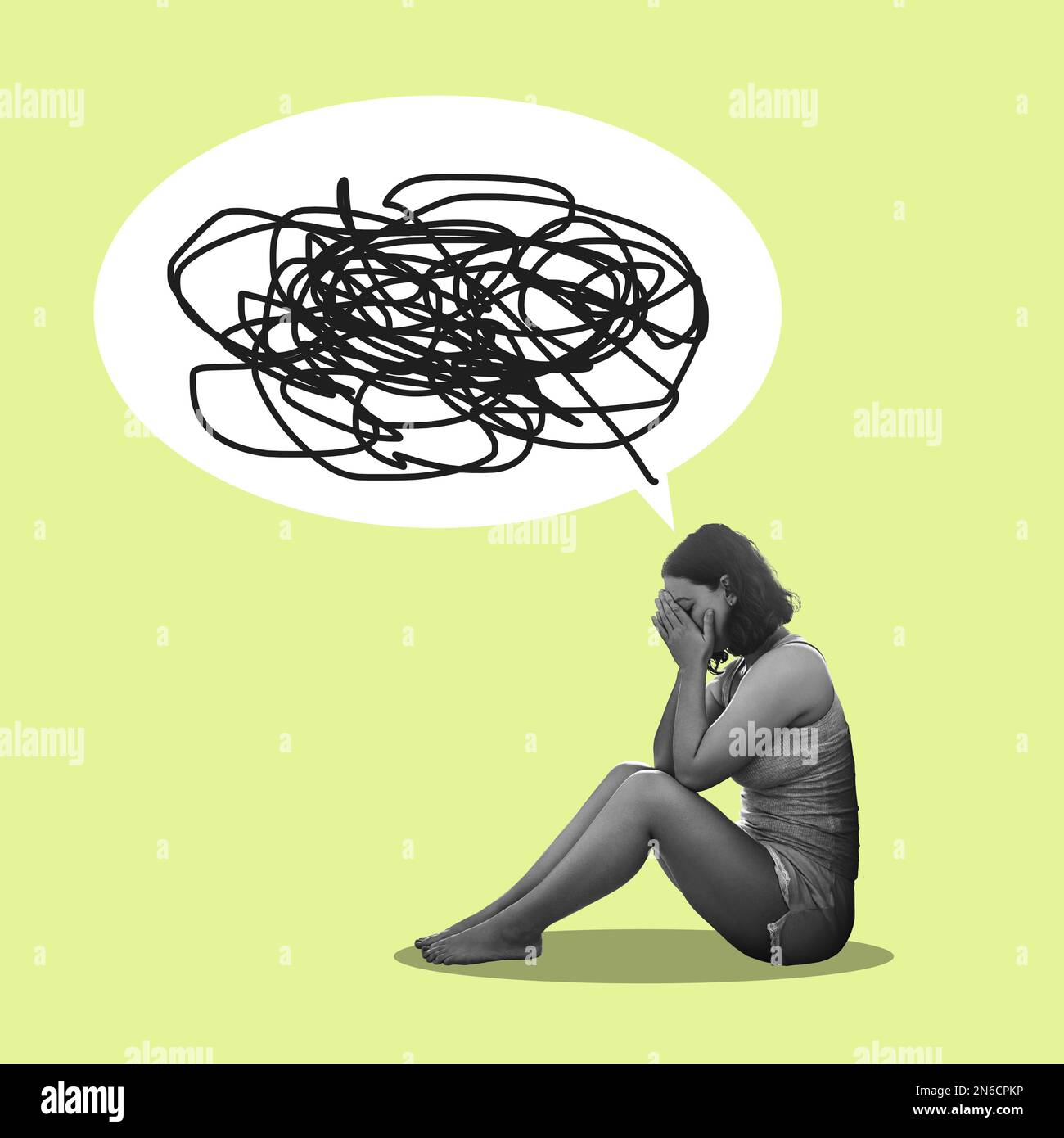 Mental health, confusion and woman on floor, depression and emotional ...