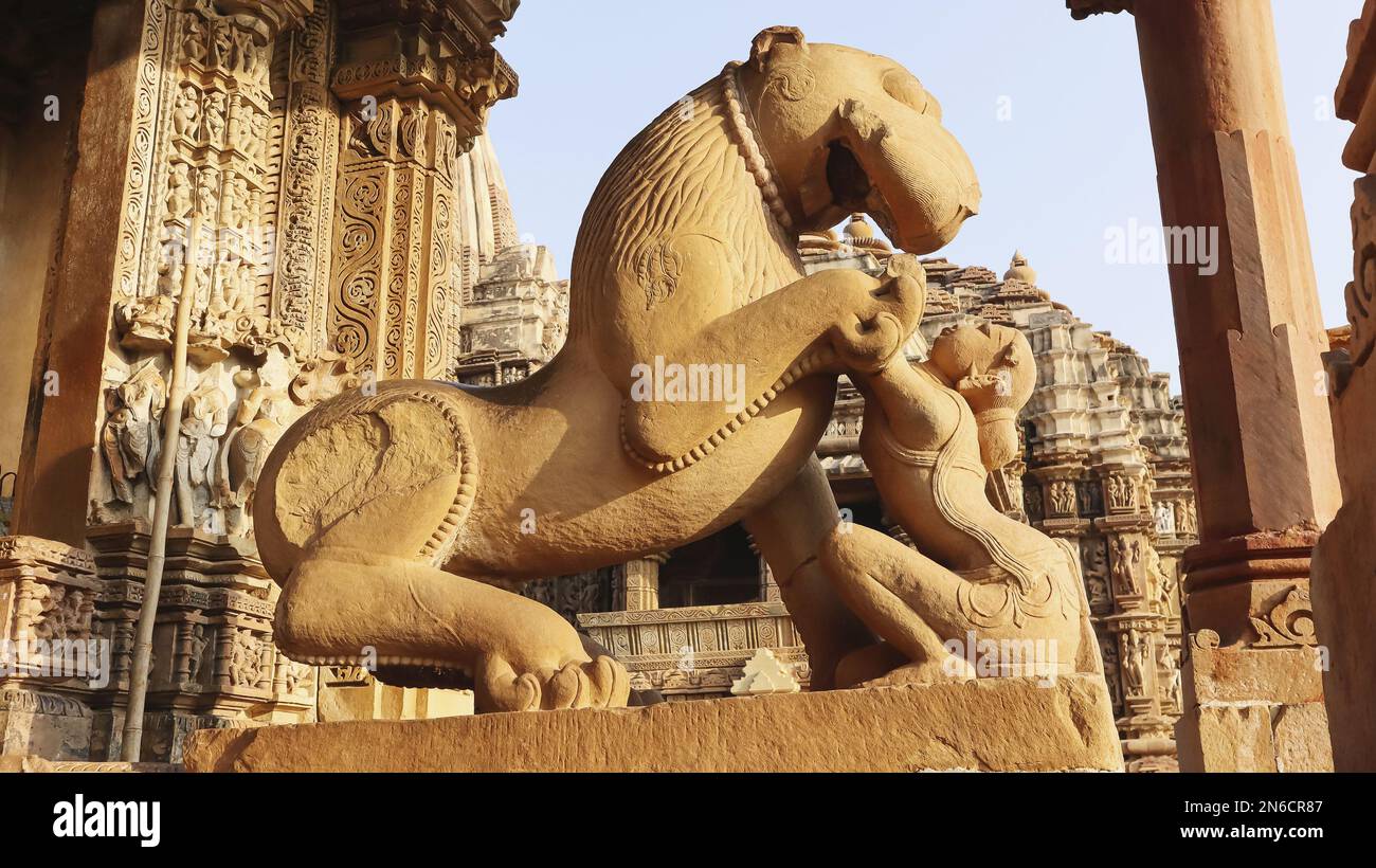 Carved Sculpture of Lion and man is Shiva temple or Lion Temple ...