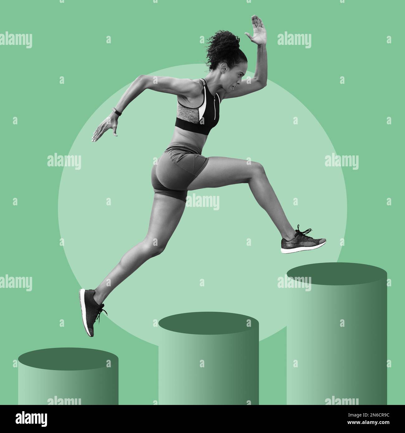 Digital, running and woman with steps for fitness, exercise growth and ...